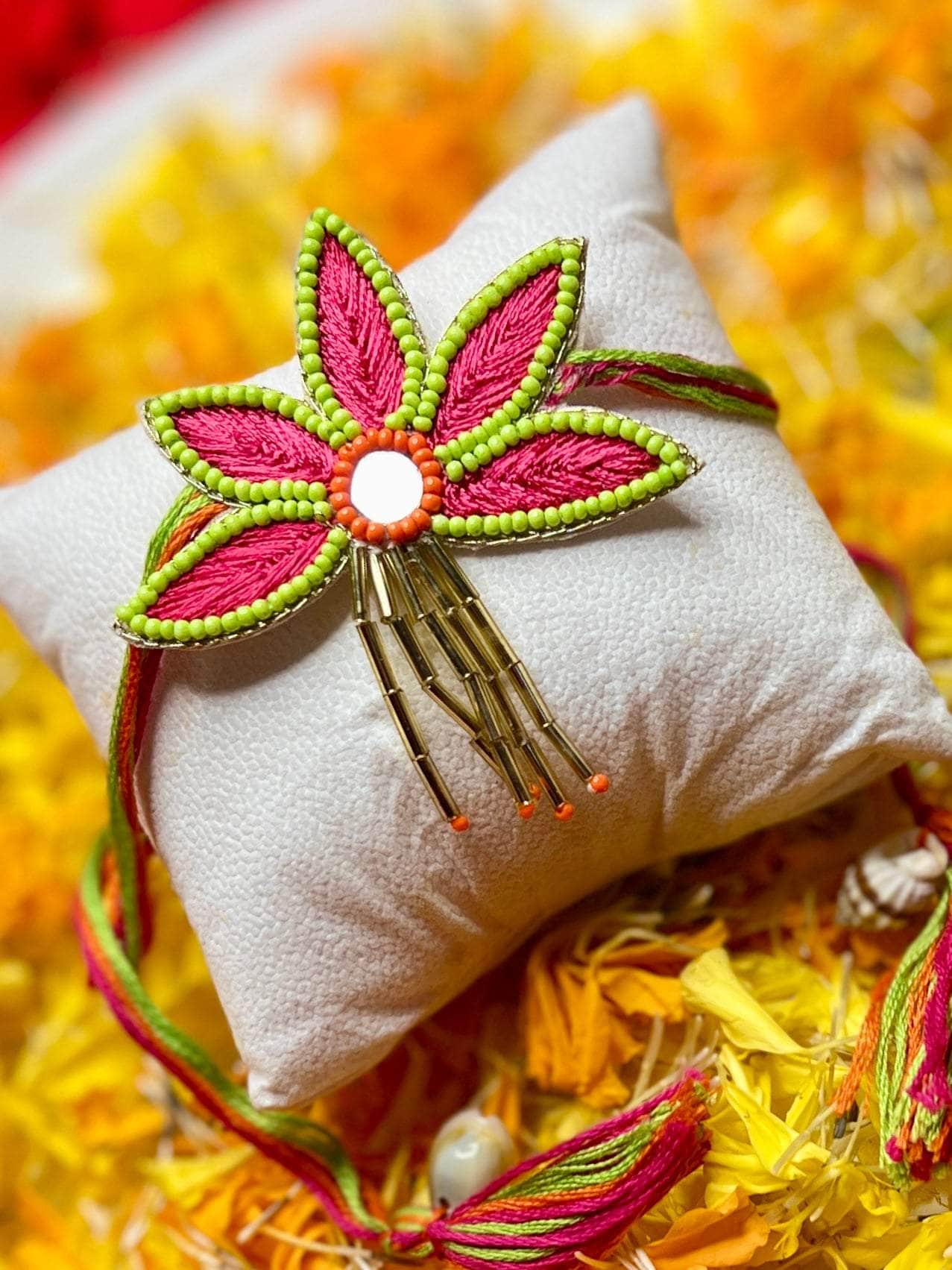 Handcrafted Floral Rakhi With Roli-Chawal