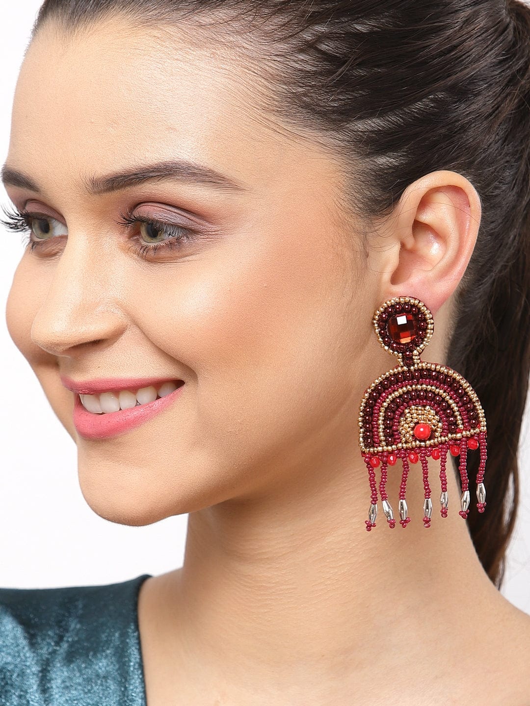 Maroon & Off White Geometric Drop Earrings
