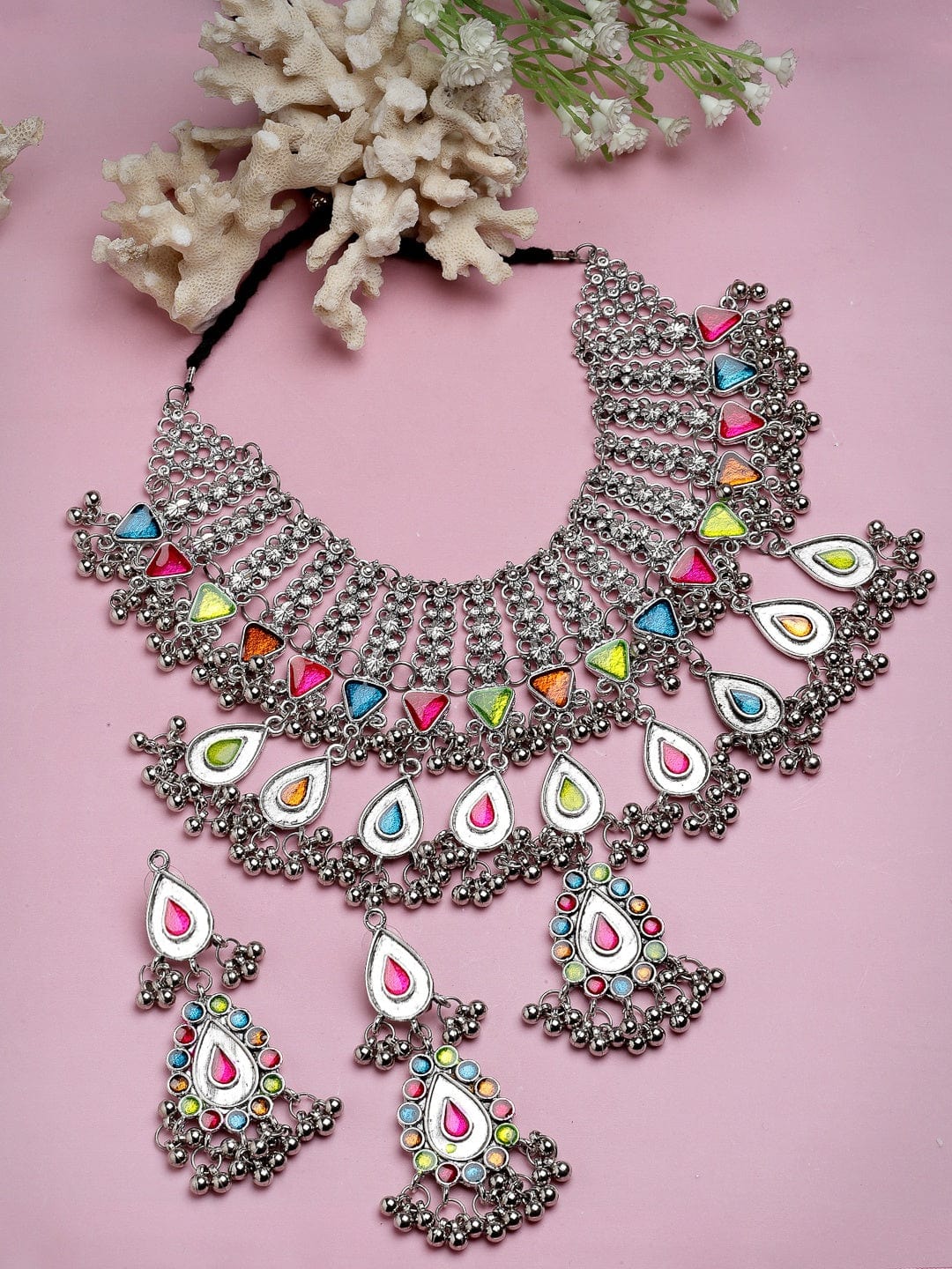 Meenakari Work Tribal Filigree Design Oxidised Silver Plated Handcraft