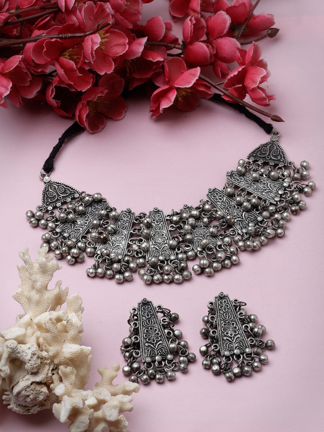Ghungroo Studded Antique Tribal Design Silver Plated Jewellery Set