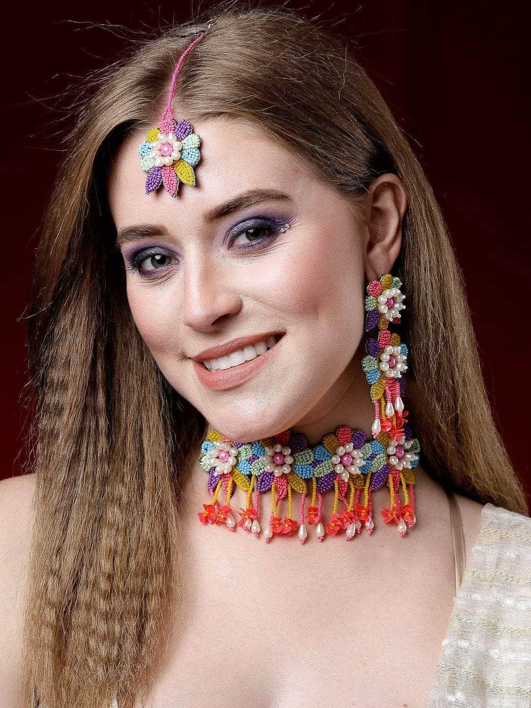 Handcrafted Haldi-Mehendi Floral Design Contemporary Jewellery Set