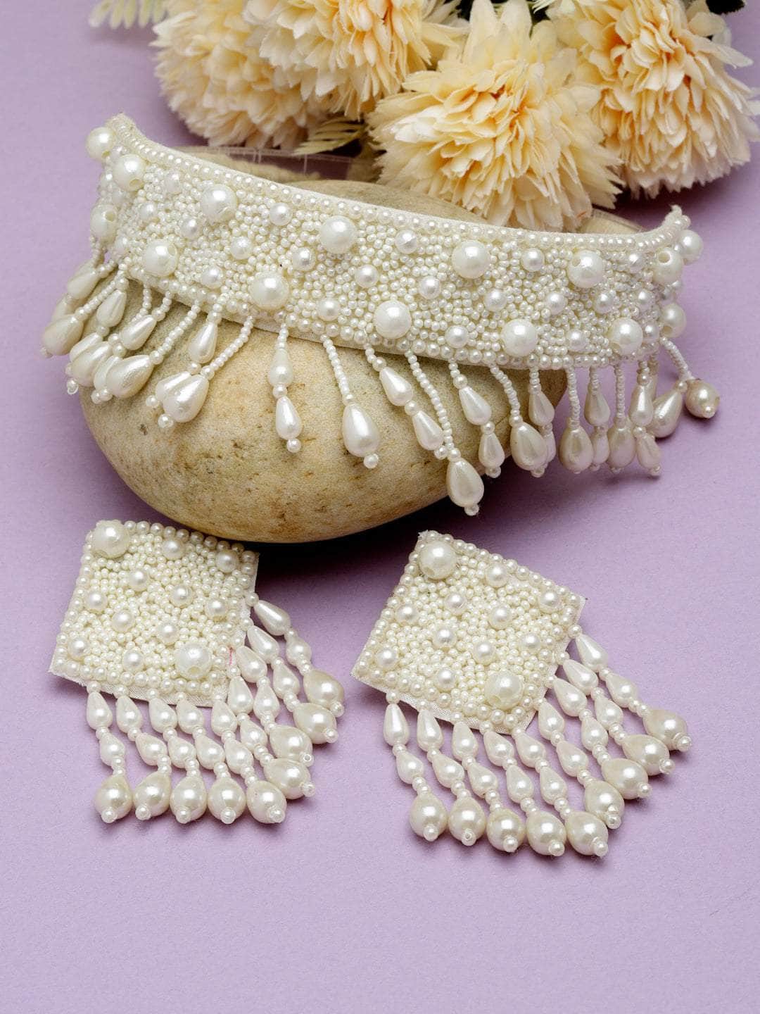 Off White Pearls Studded Handcrafted Contemporary Design Jewellery Set