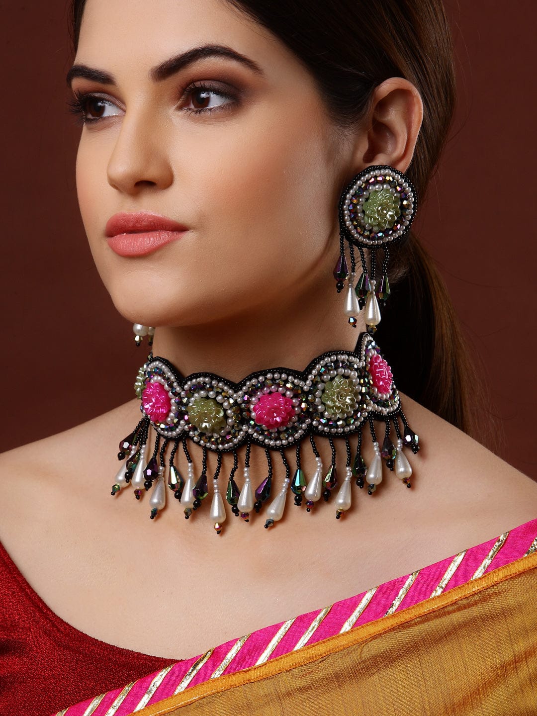 Crystals & Pearls-Studded Contemporary Handcrafted Jewelry Set